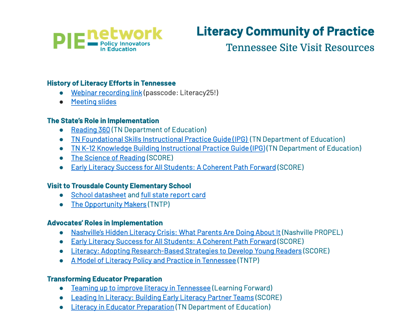 2025 Tennessee Site Visit Resources - PIE Network