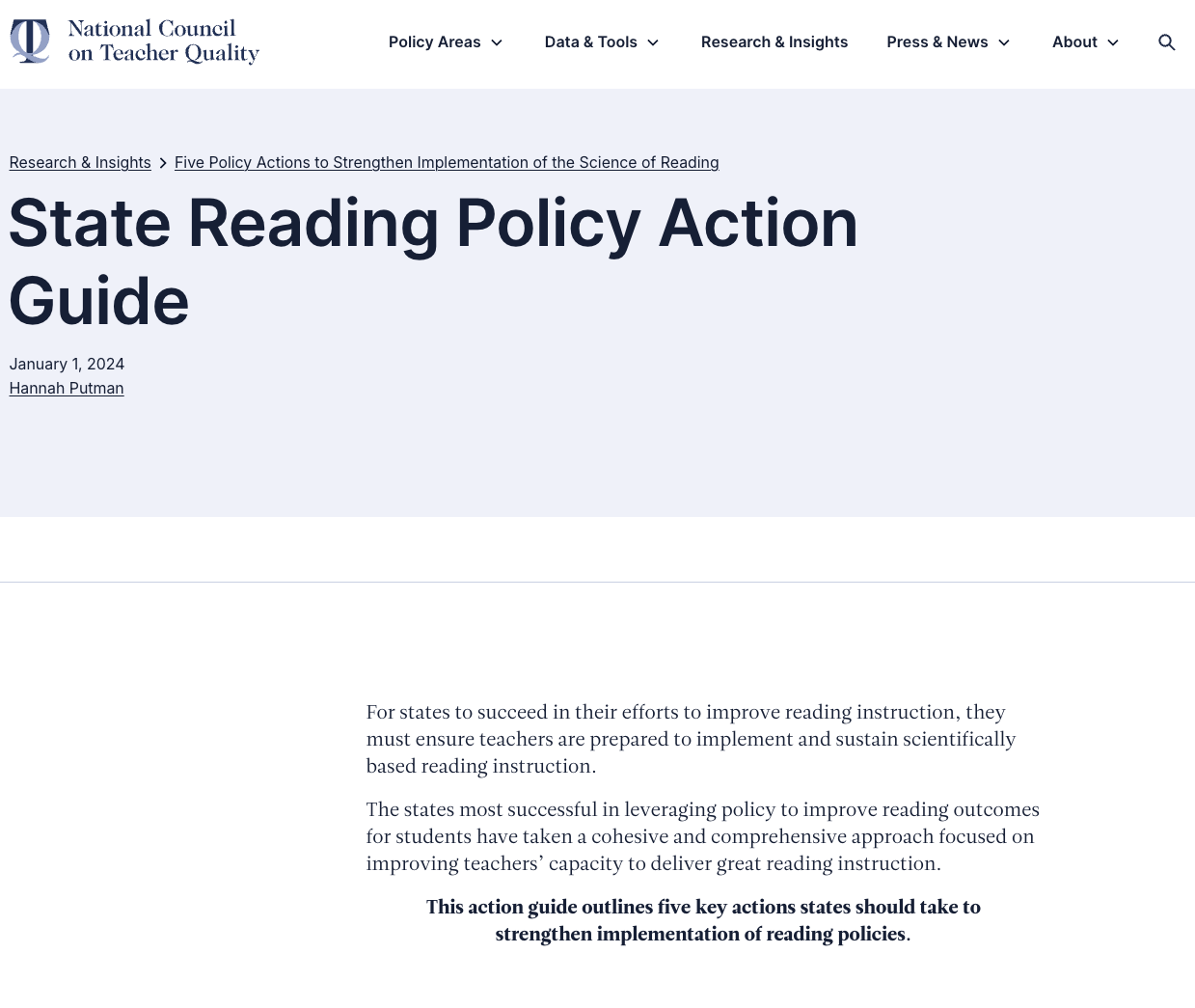 State Reading Policy Action Guide: How States Can Implement and Sustain ...